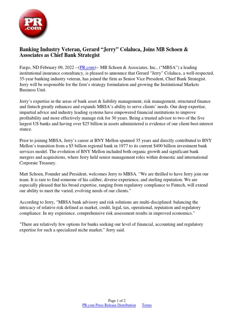 Banking Industry Veteran, Gerard "Jerry" Colaluca, Joins MB Schoen ...