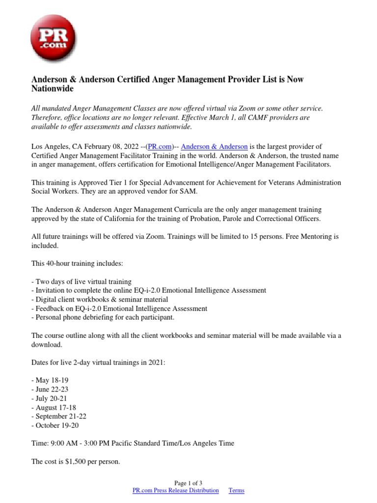 Anderson Anderson Certified Anger Management Provider List Is Now