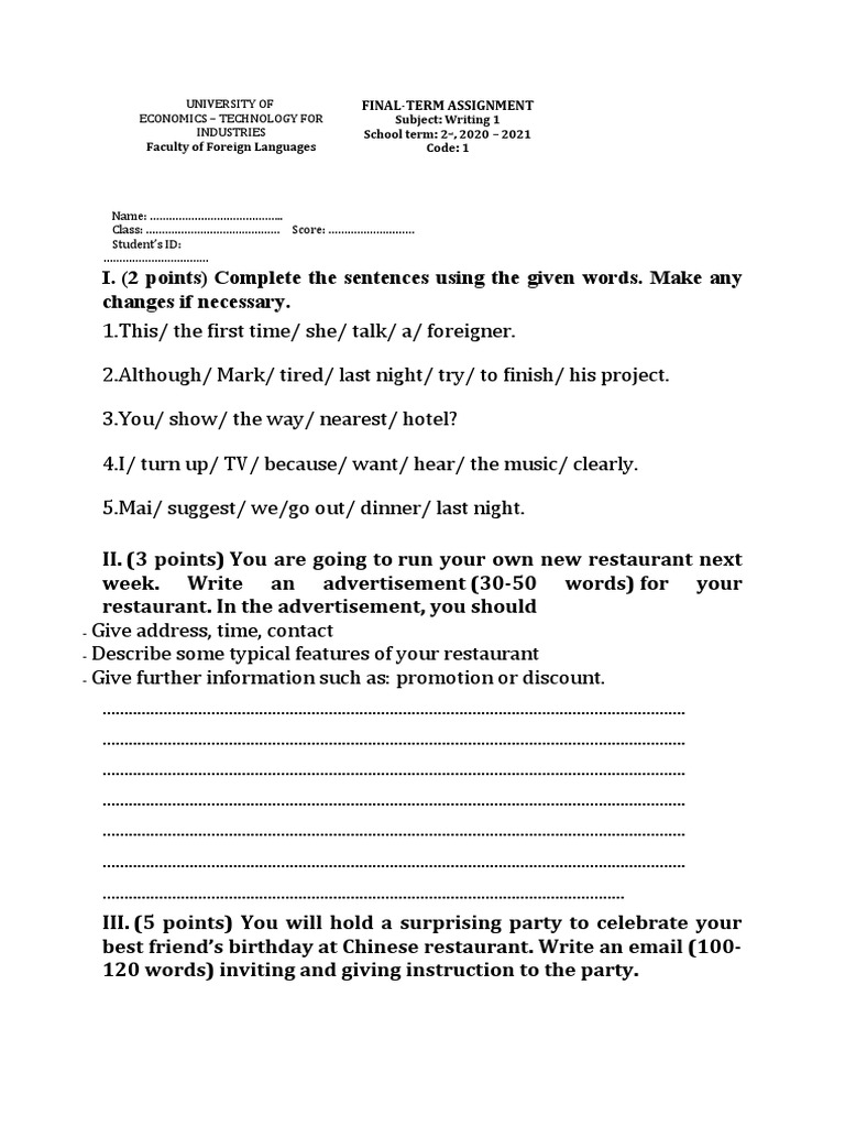 Faculty of Foreign Languages Subject: Writing 1 School Term: 2, 2020 ...