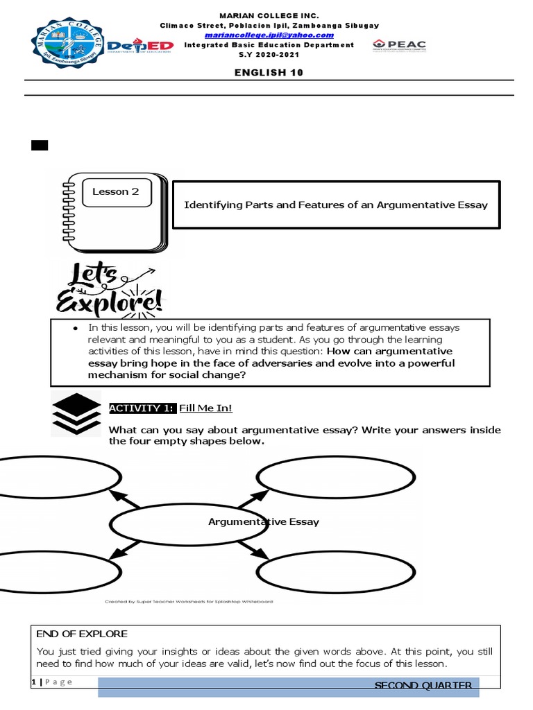 Lesson 2 Identifying Parts and Features of An Argumentative Essay | PDF ...