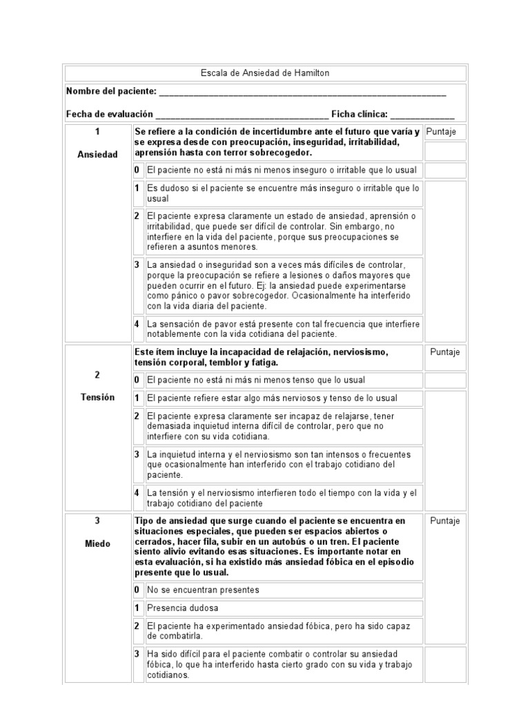 Escala de Ansiedad de Hamilton | Ansiedad | Depresión (estado de ánimo)