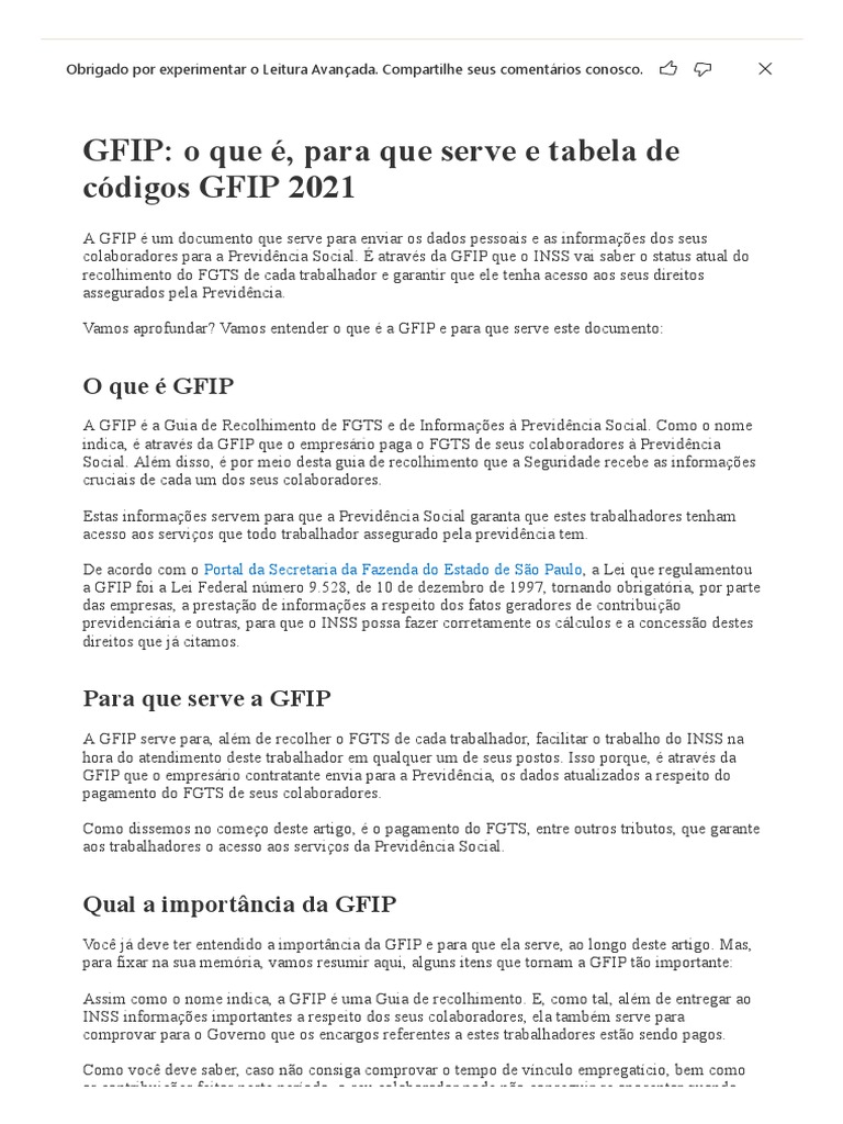 GFIP - o Que É, para Que Serve e Tabela de Códigos GFIP | PDF ...