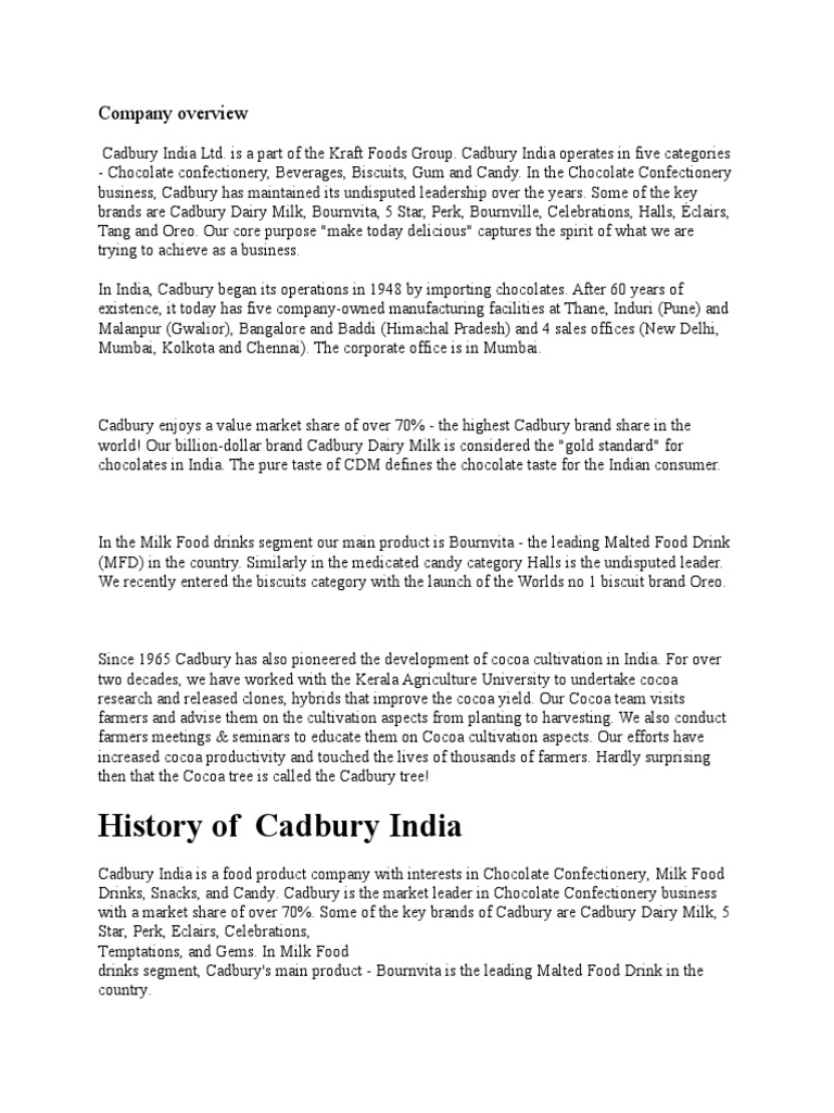 History of Cadbury India: Company Overview | PDF | Stocks | Chocolate