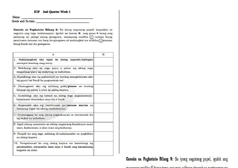 Answer Sheet ESP - Week 2.QUARTER 2 | PDF
