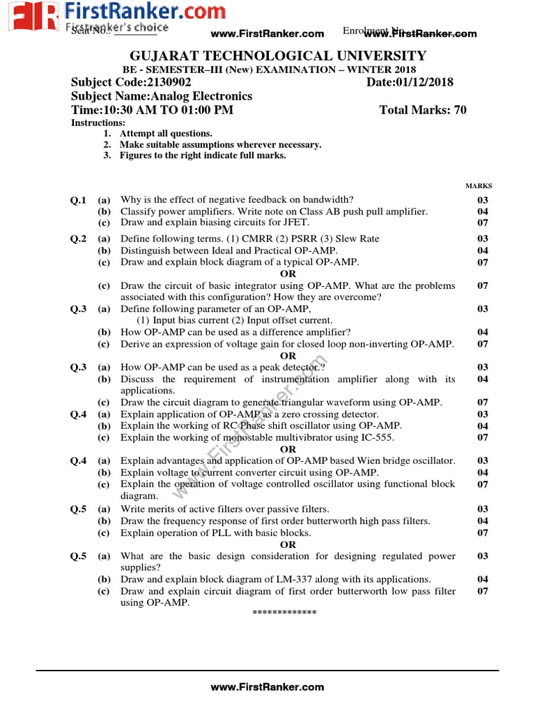 GTU Analog Electronics Exam Questions and Answers | PDF | Operational Amplifier | Amplifier