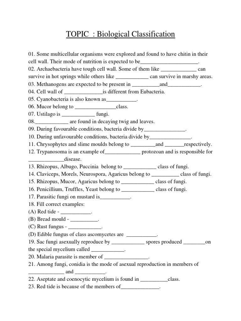 Biological Classification Sheet | PDF | Fungus | Bacteria