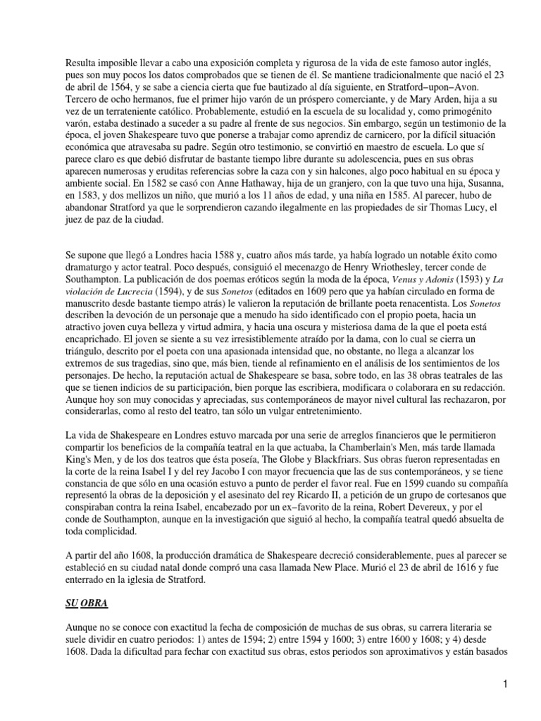 Resumen de La Obra Williams. | PDF | Aldea | William Shakespeare