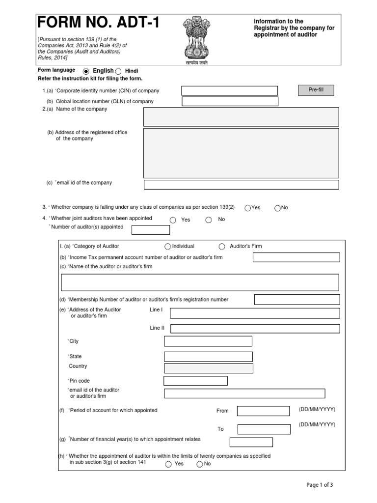 Form No. Adt-1: Information To The Registrar by The Company For ...