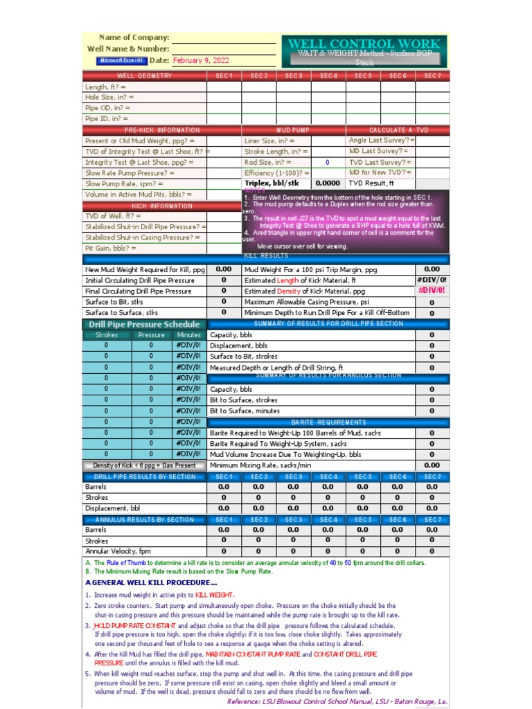 23 - Well Control Worksheet-Surface BOP | PDF | Casing (Borehole) | Chemical Engineering