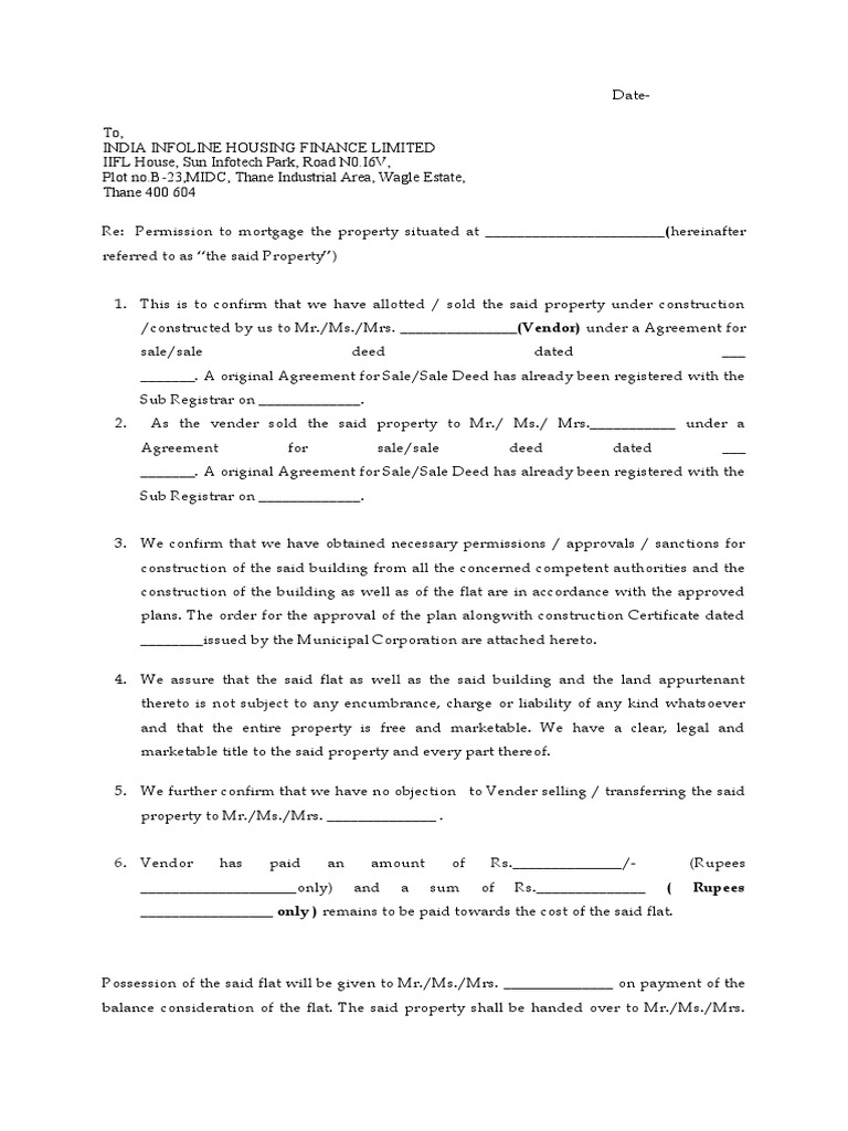 Request for No Objection to Mortgage of Property for Housing Loan | PDF ...