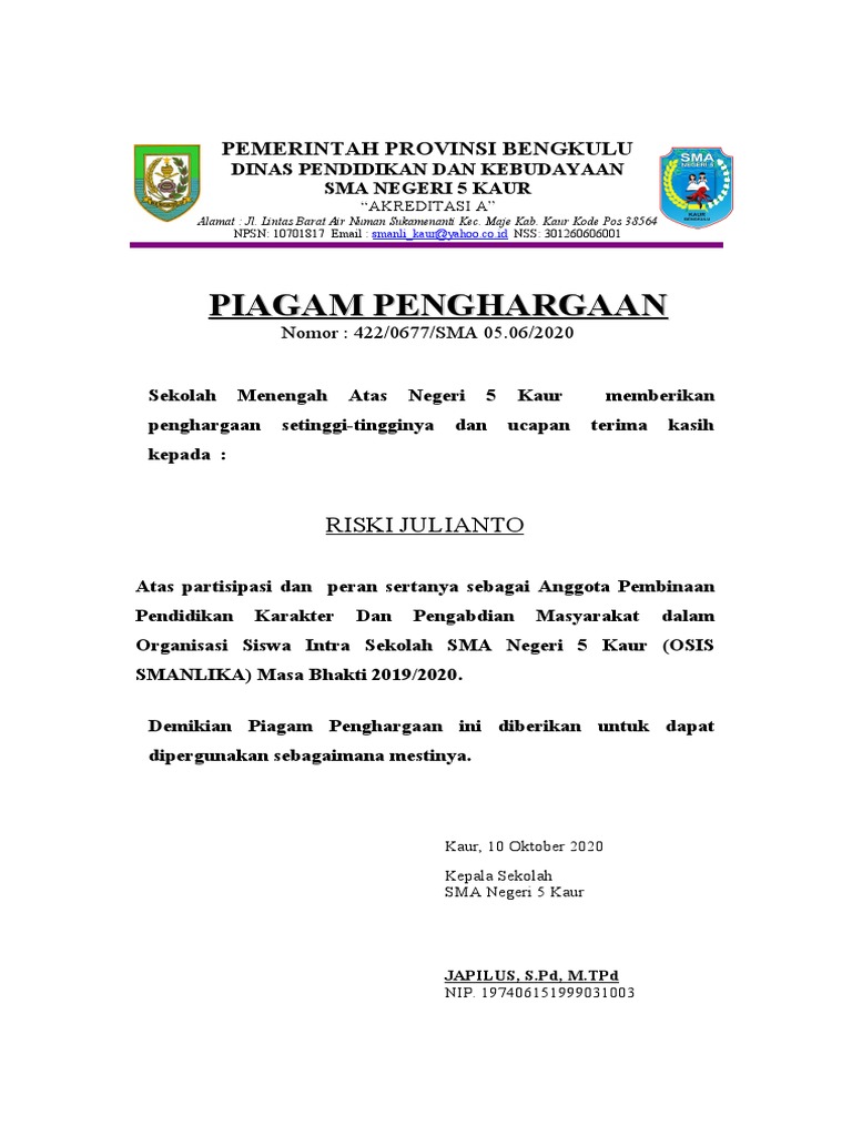 Piagam Osis 2020 | PDF