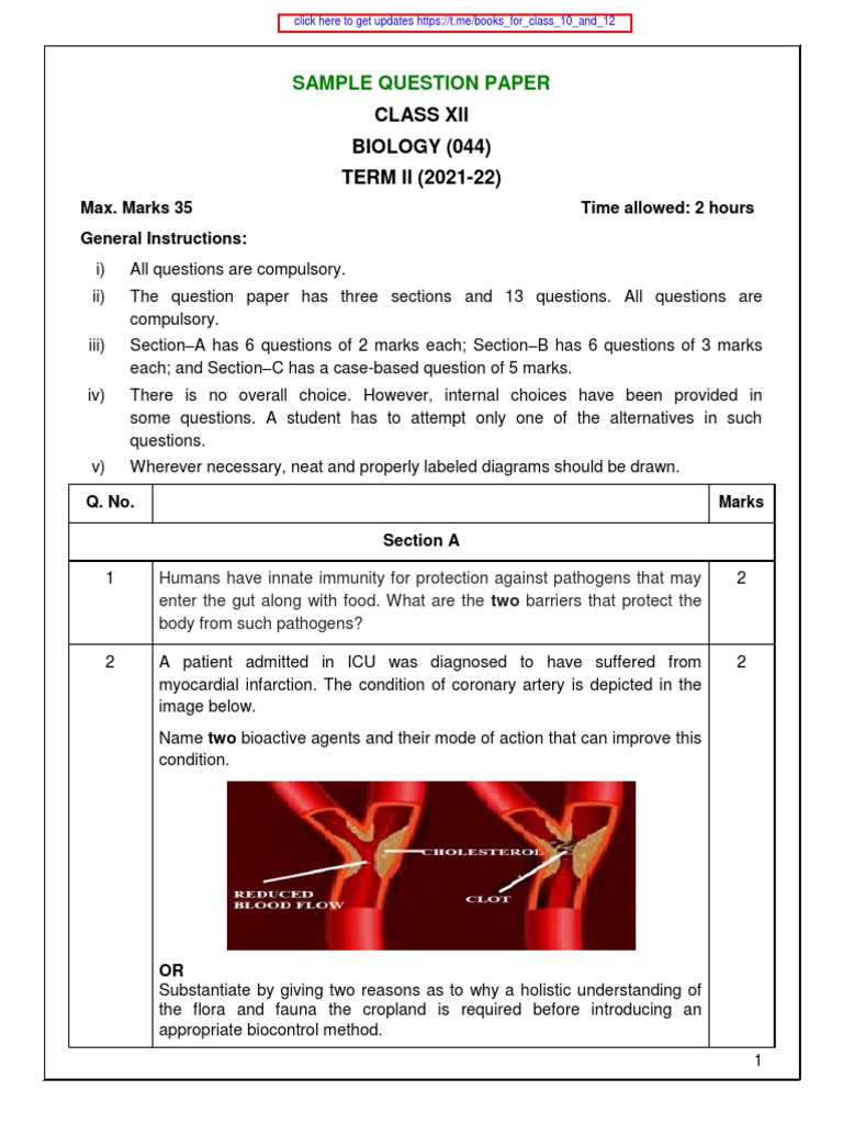 Sample Question Paper: Class Xii BIOLOGY (044) TERM II (2021-22 ...