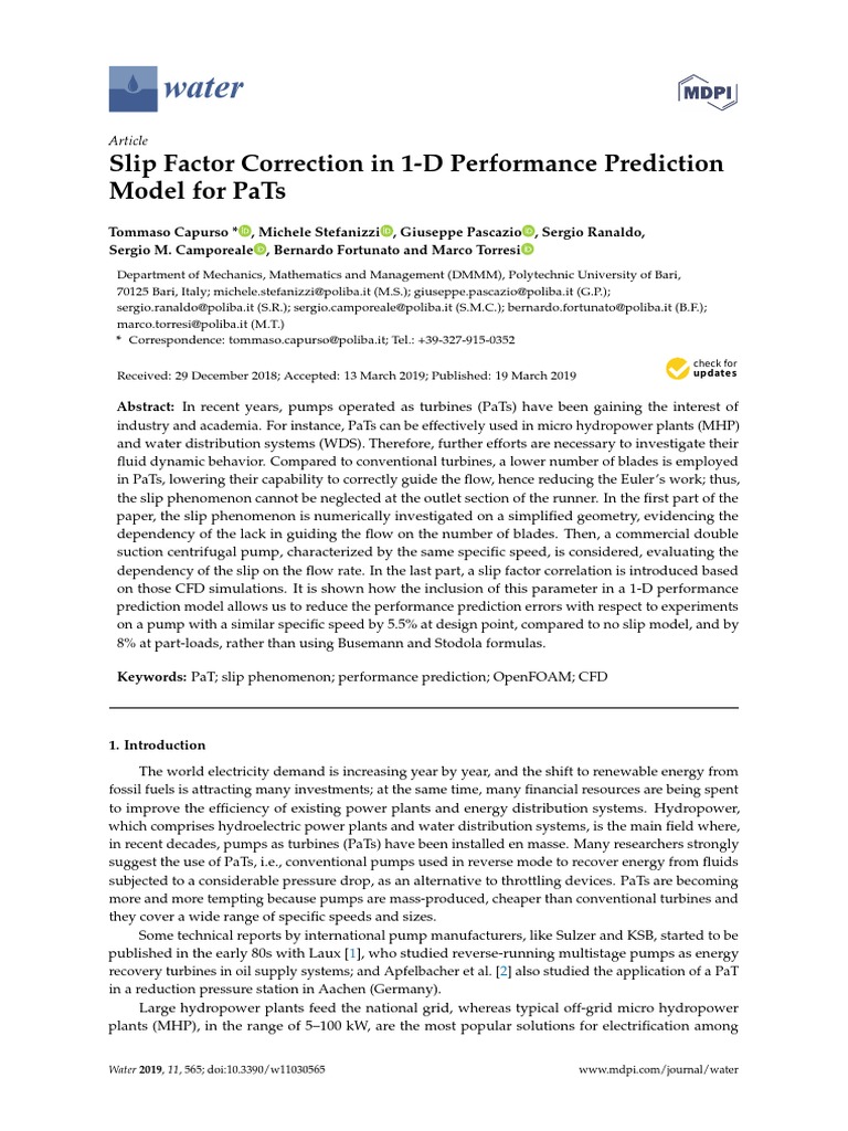 Water: Slip Factor Correction in 1-D Performance Prediction Model For ...