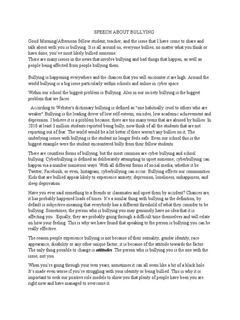 Speech About Bullying | PDF | Bullying | Cyberbullying