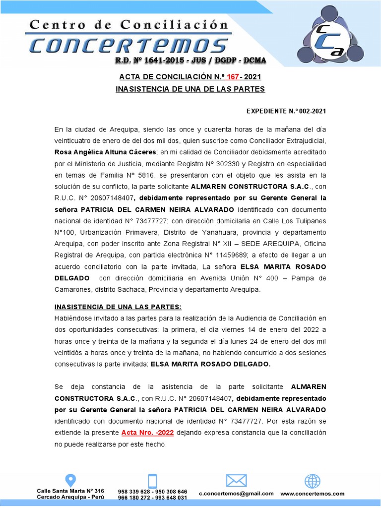 Acta de Inasistencia - Exp. 002-2022 | PDF