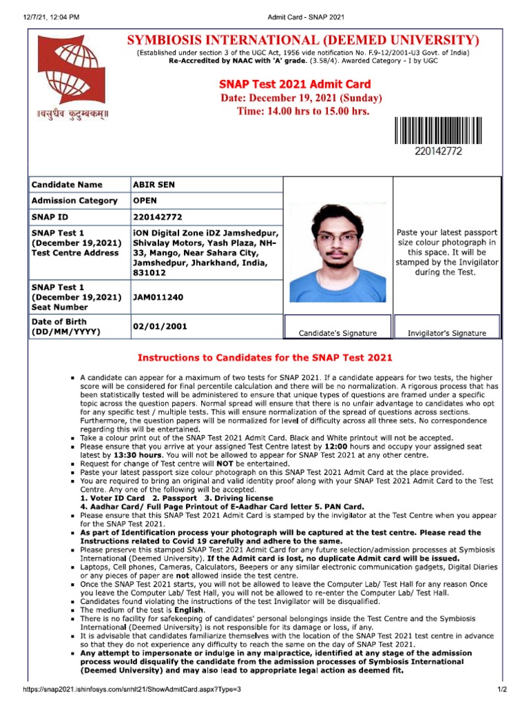 Snap Admit Card | PDF