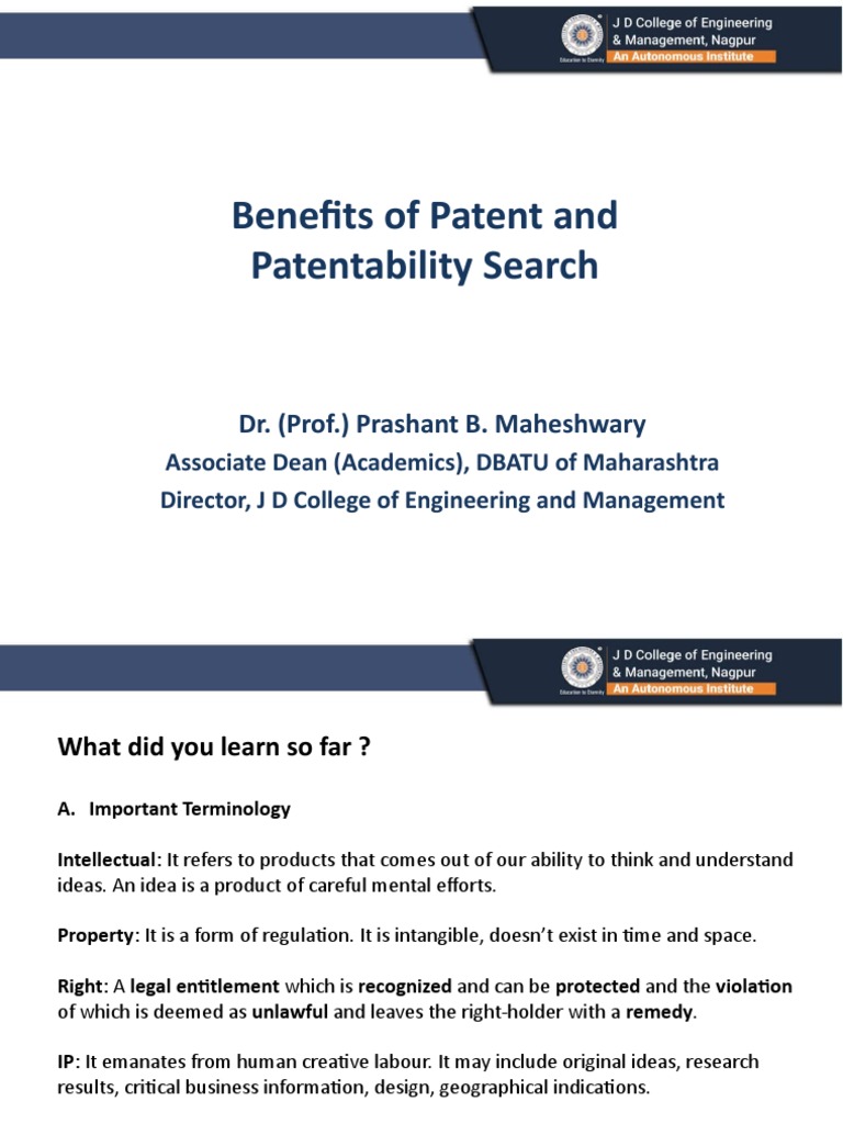 Benefits of Patent and Patentability Search: Dr. (Prof.) Prashant B ...