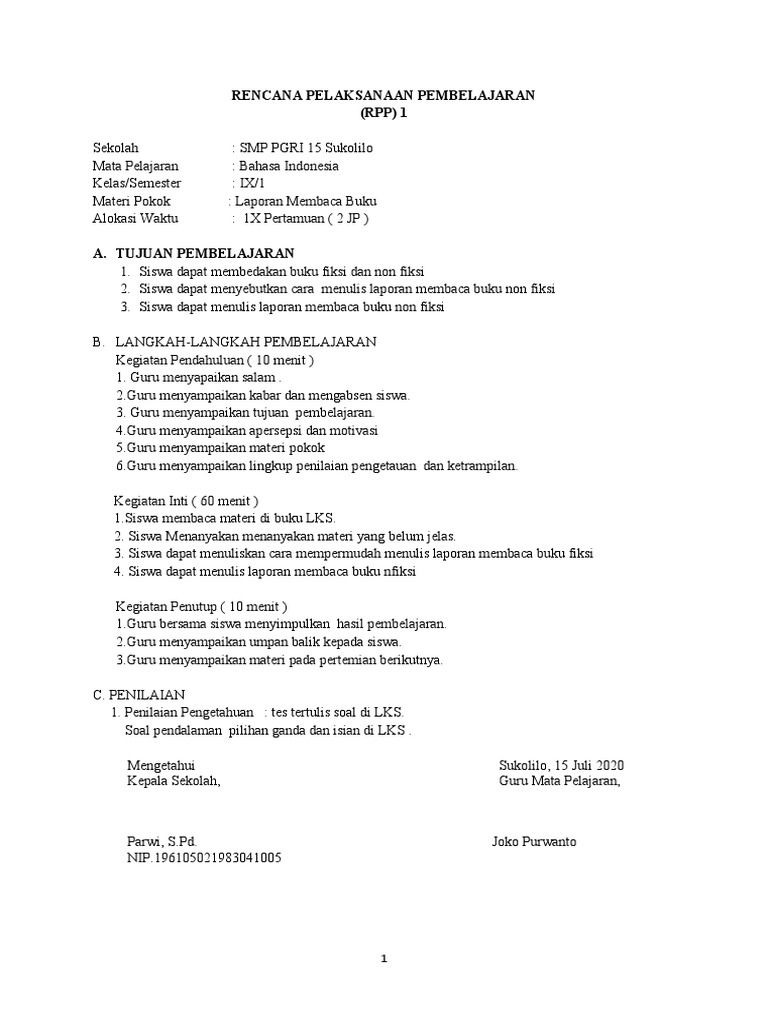 Rencana Pelaksanaan Pembelajaran (RPP) 1 | PDF | Seni & Disiplin Bahasa