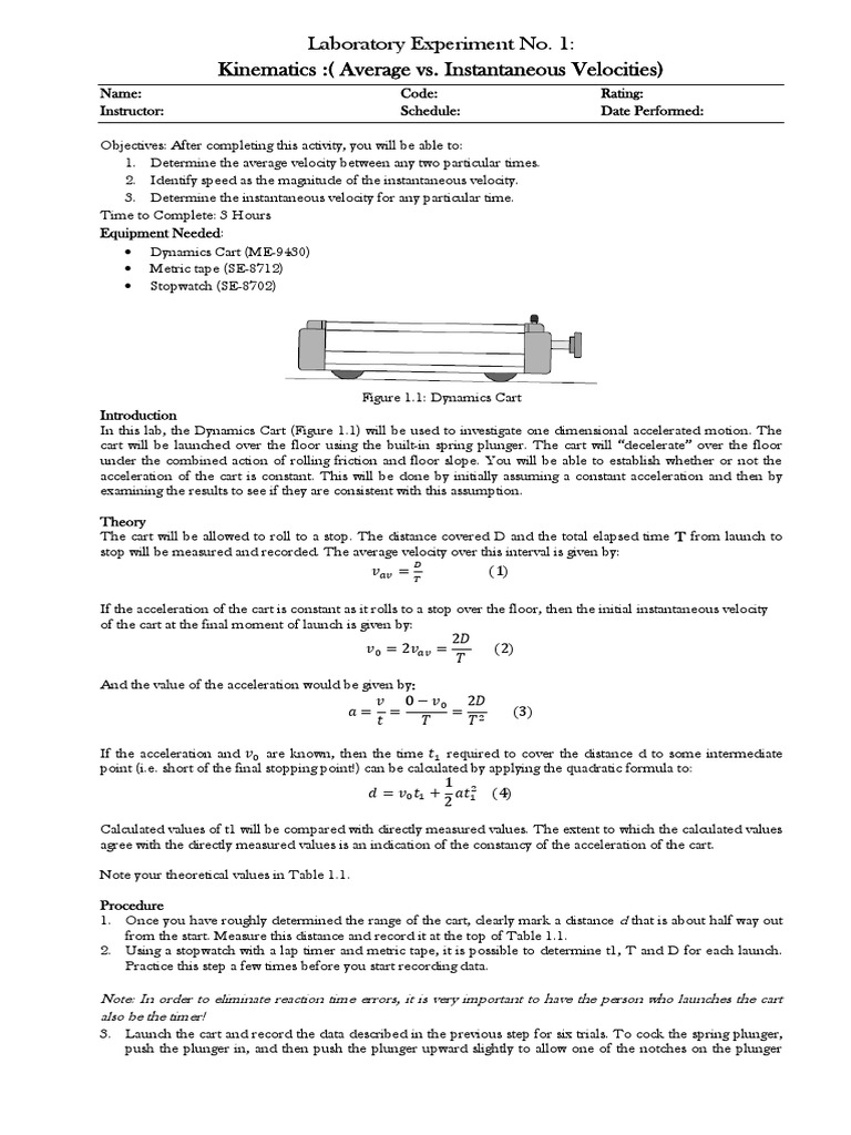 Laboratory Experiment No. 1: Kinematics: (Average vs. Instantaneous ...