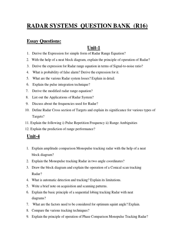 Radar Systems Question Bank (R16) : Essay Questions: Unit-1 | PDF ...