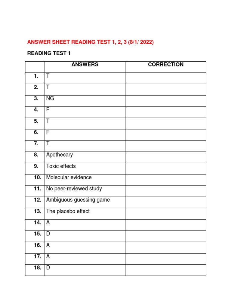 Answer Sheet Reading Test 1, 2, 3 (8/1/ 2022) | PDF | Science & Mathematics