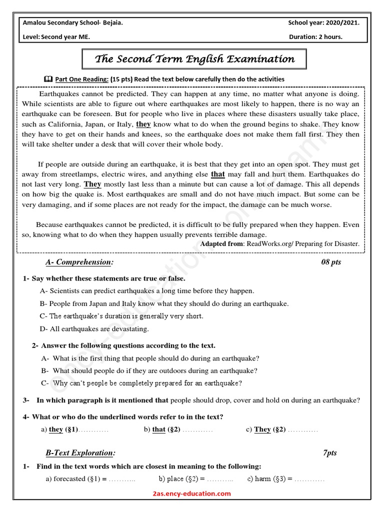 The Second Term English Examination | PDF | Earthquakes | Hazards