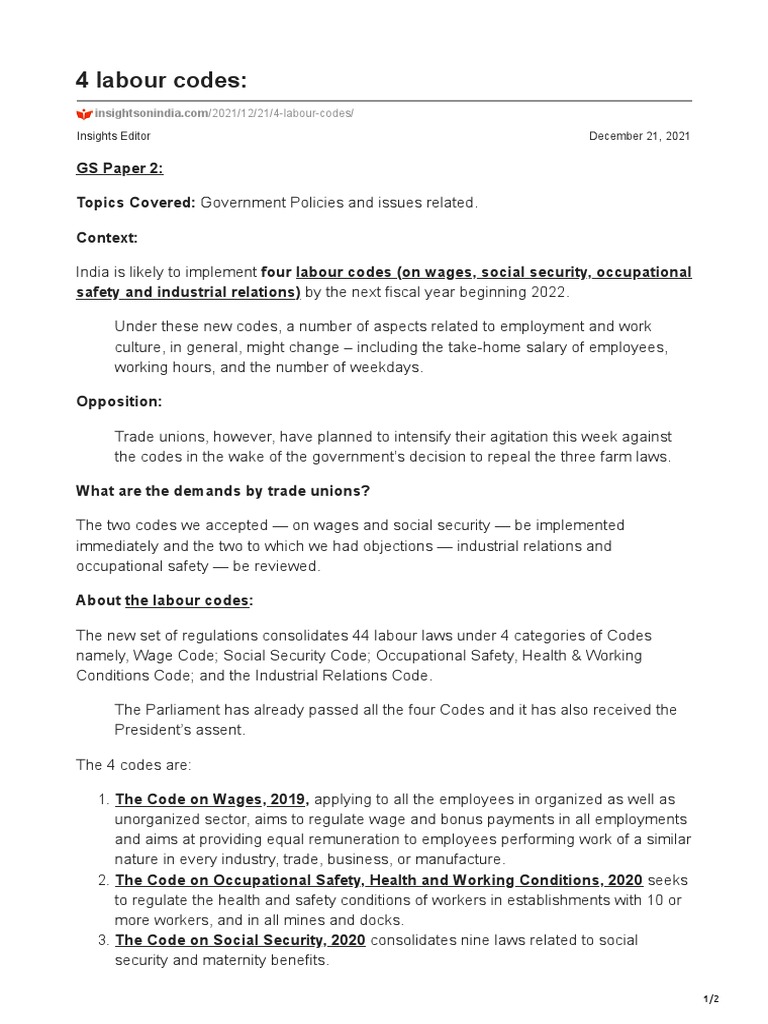 4 Labour Codes | PDF | Labour Law | Employment