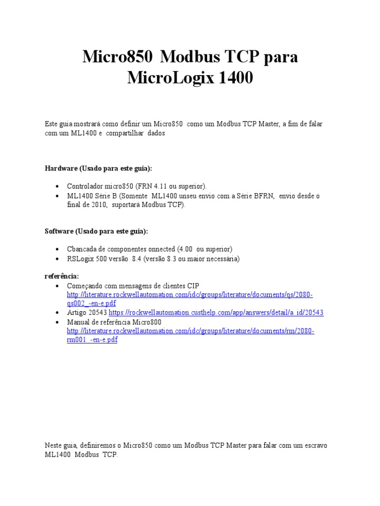 Micro850 Modbus TCP para MicroLogix 1400 Tradução | PDF | Protocolo de ...