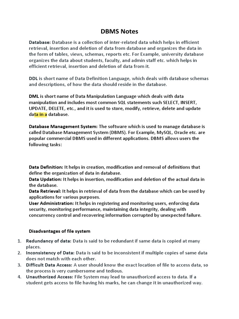 DBMS Notes: Database: Database Is A Collection of Inter-Related Data ... DBMS Notes: Database: Database Is A Collection of Inter-Related Data ...