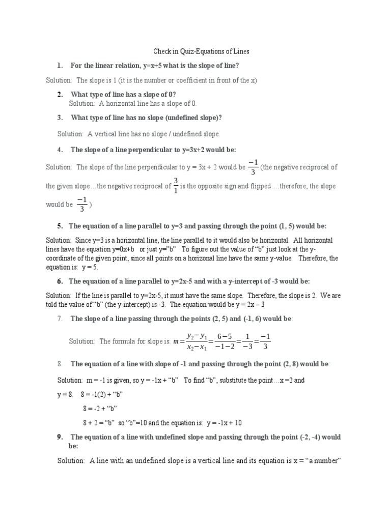 Linear Equations Quiz | PDF | Line (Geometry) | Slope