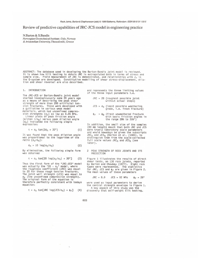 Barton and Bandis, 1990. Review of Predictive Capabilities of JRC-JCS Model in Engineering ...