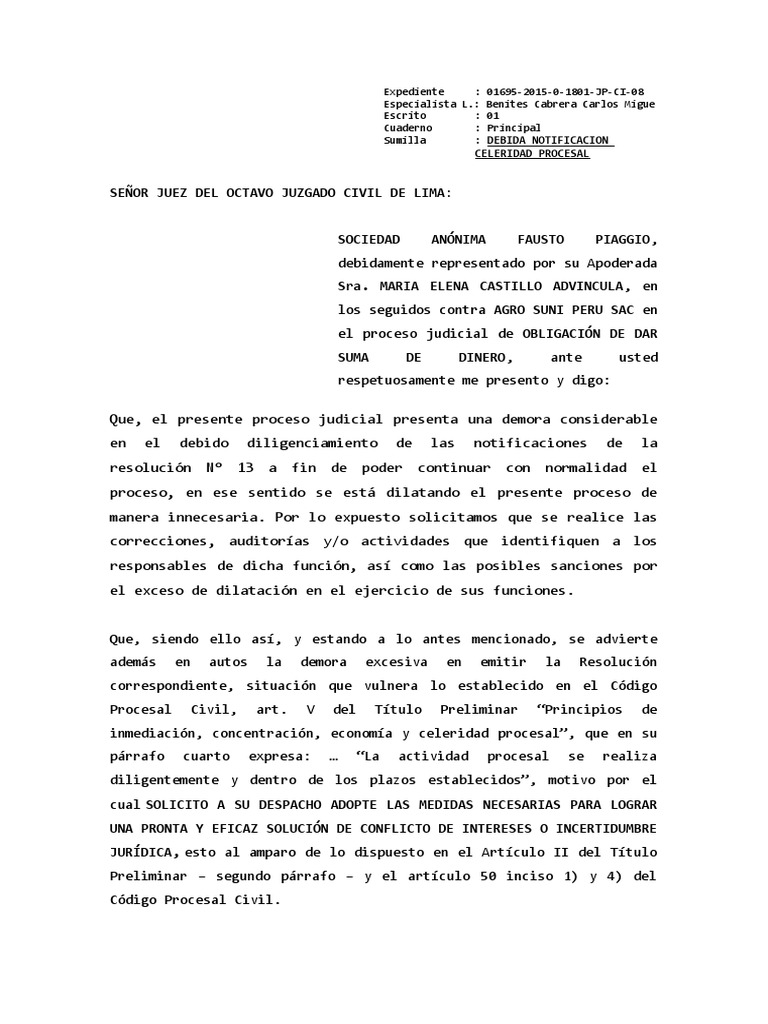 Escrito Debida Notificacion Celeridad Procesal | PDF | Judicaturas | Gobierno