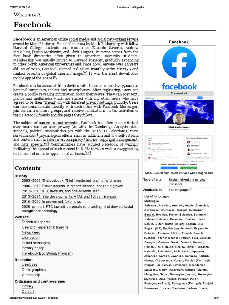 1 - Facebook - Wikipedia | PDF | Facebook | Mark Zuckerberg