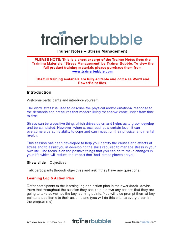 Sample Trainer Notes Stress Management | PDF | Stress (Biology) | Feeling