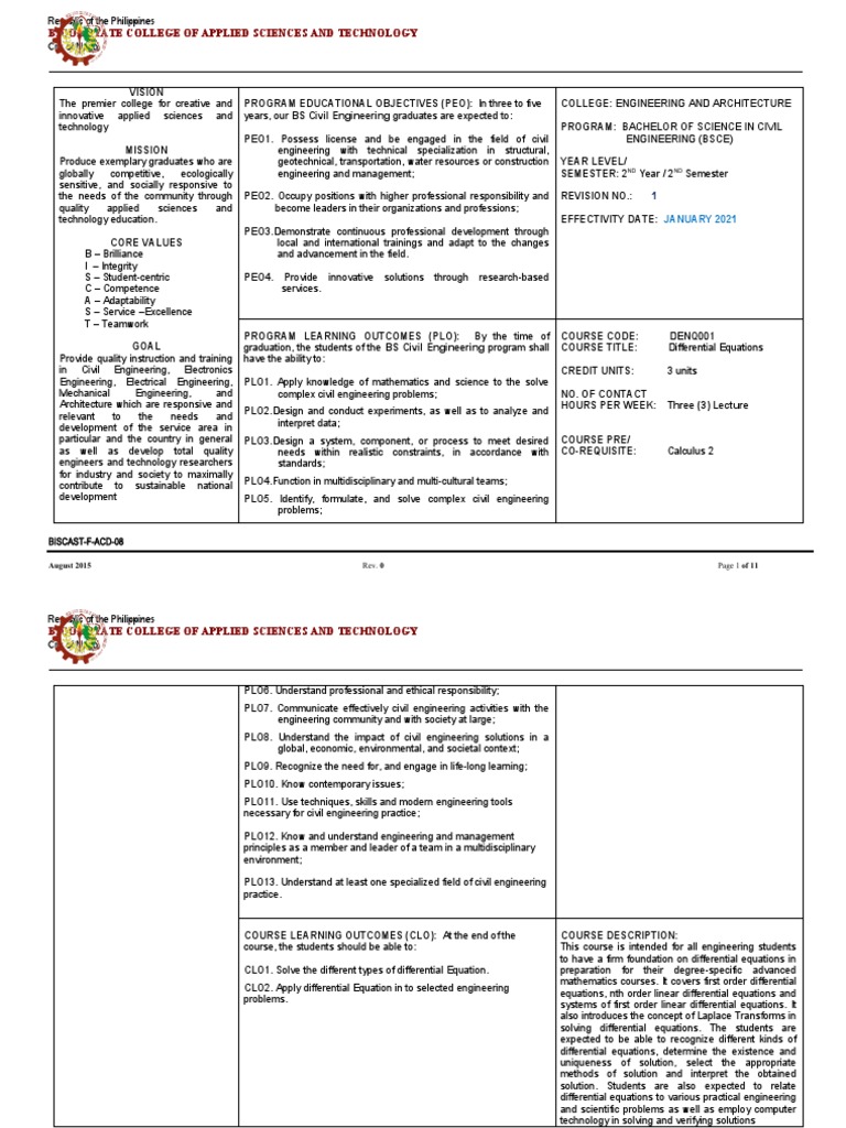 BISCAST Civil Engineering Course Overview | PDF | Engineering | Equations