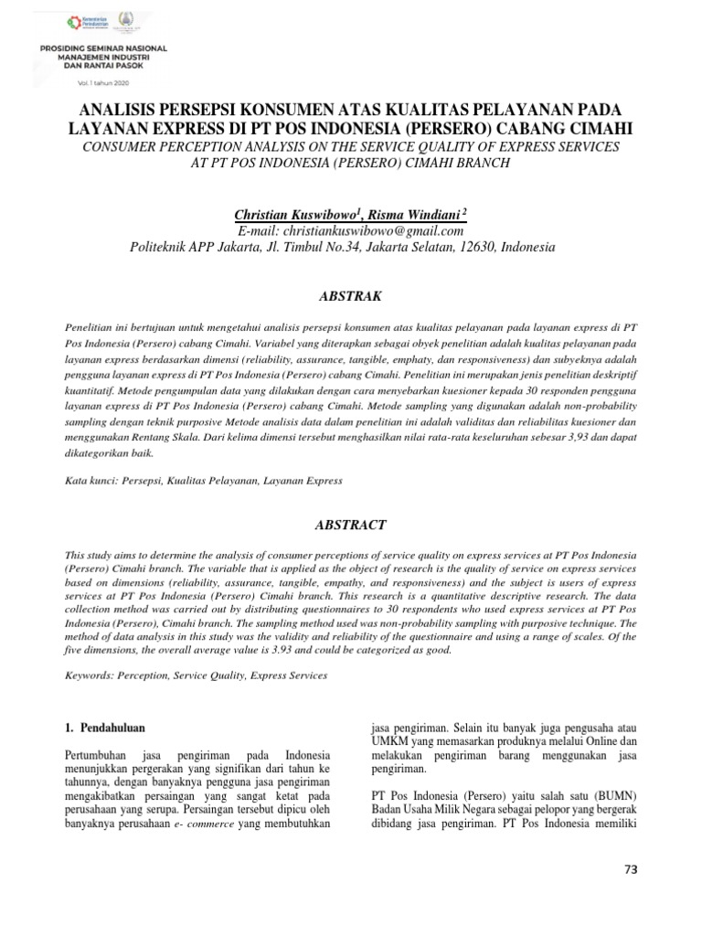 Analisis Persepsi Konsumen Atas Kualitas Pelayanan Pada Layanan Express Di PT Pos Indonesia ...