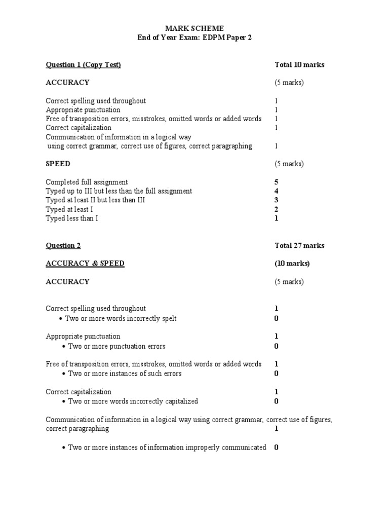 Mark Scheme End of Year Exam: EDPM Paper 2 Question 1 (Copy Test) Total ...