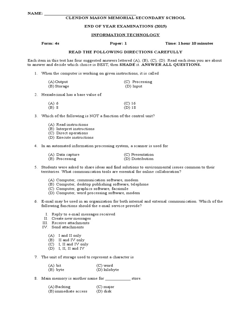 Final End of Year Exam Multiple Choice IT 4s COMPLETED!! | PDF ...