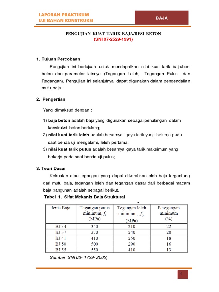 Pengujian Kuat Tarik Baja/Besi Beton: Laporan Praktikum Uji Bahan ...