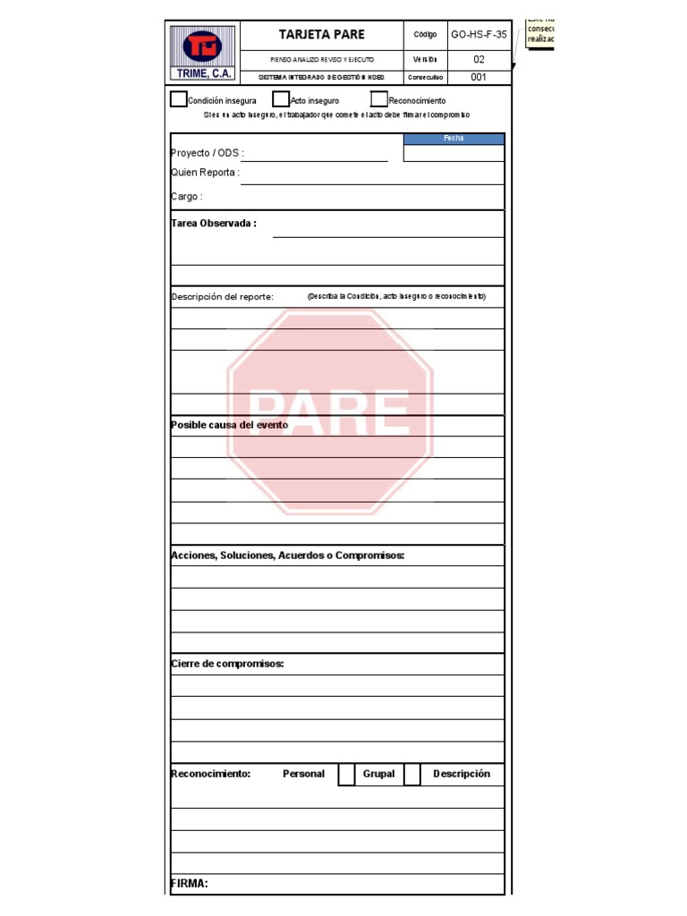 Formato de Reporte Actos o Condiciones Inseguras (Tarjeta PARE) | PDF