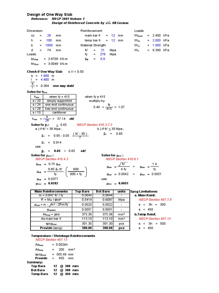 Design of One Way Slab: Reference: NSCP 2001 Volume 1 Design of ...