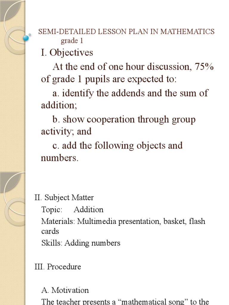 Grade 1 Math Addition Lesson Plan | PDF