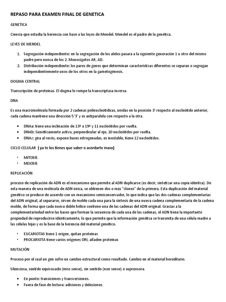 Repaso para Examen Final de Genetica | PDF | Rna | Adn