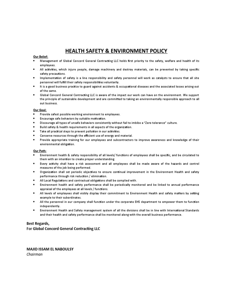 Health Safety & Environment Policy: Our Belief | PDF | Occupational ...
