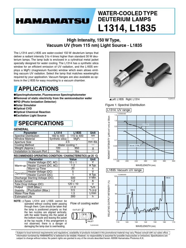 Water-Cooled Type Deuterium Lamps: High Intensity, 150 W Type, Vacuum ...