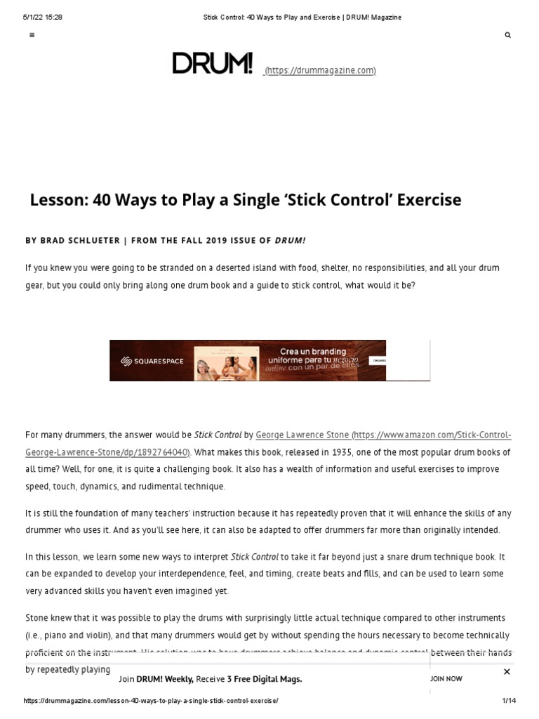 Lesson: 40 Ways To Play A Single Stick Control' Exercise: by Brad ...
