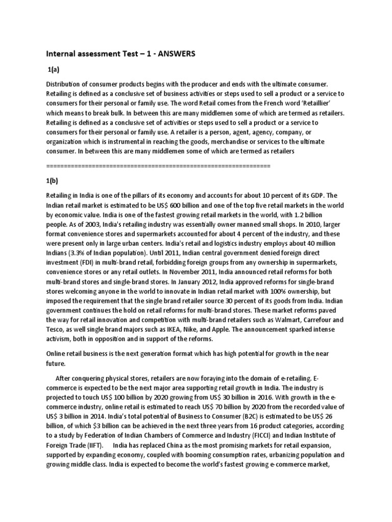 Internal Assessment Test - 1 - ANSWERS | PDF | Retail | Trade