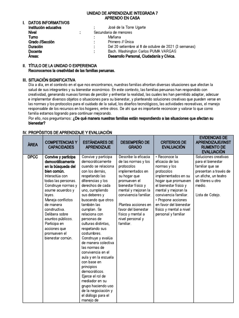 UNIDAD DE APRENDIZAJE 7 - DPCC 1° AeC | PDF | Evaluación | Aprendizaje