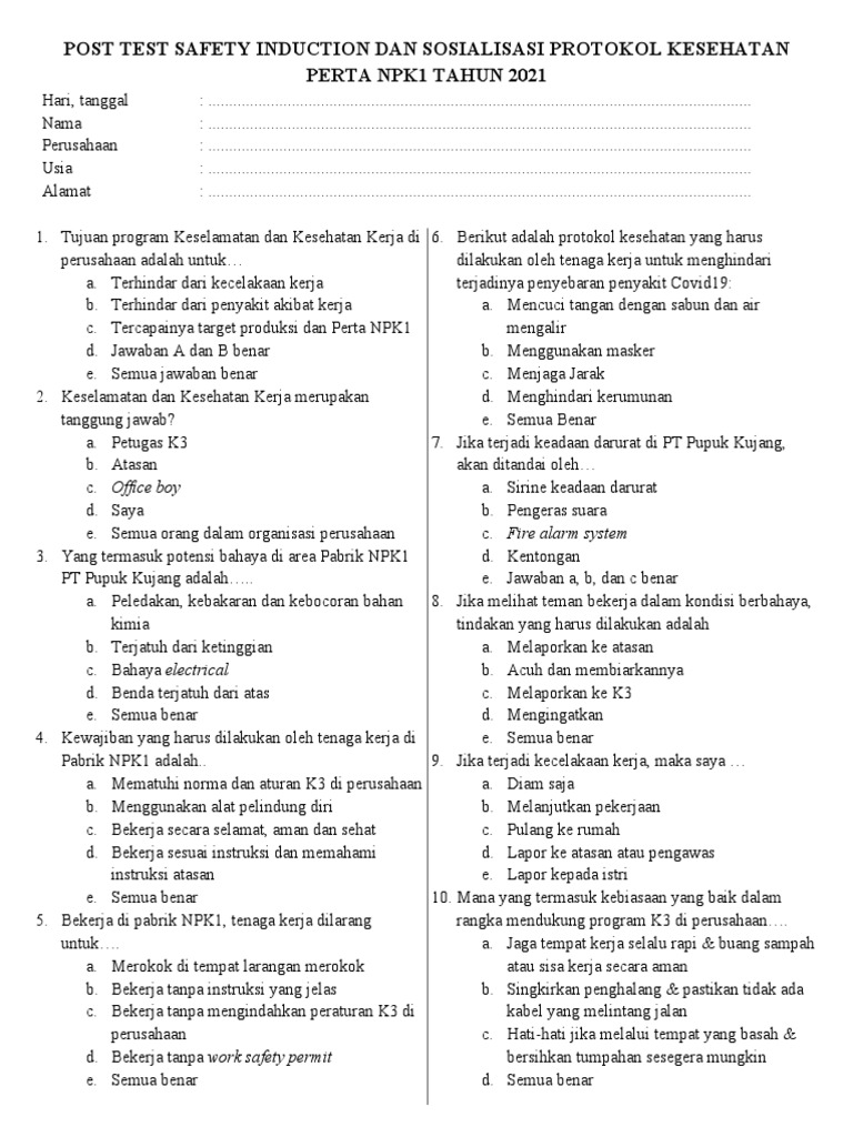 Post Test Safety Induction | PDF