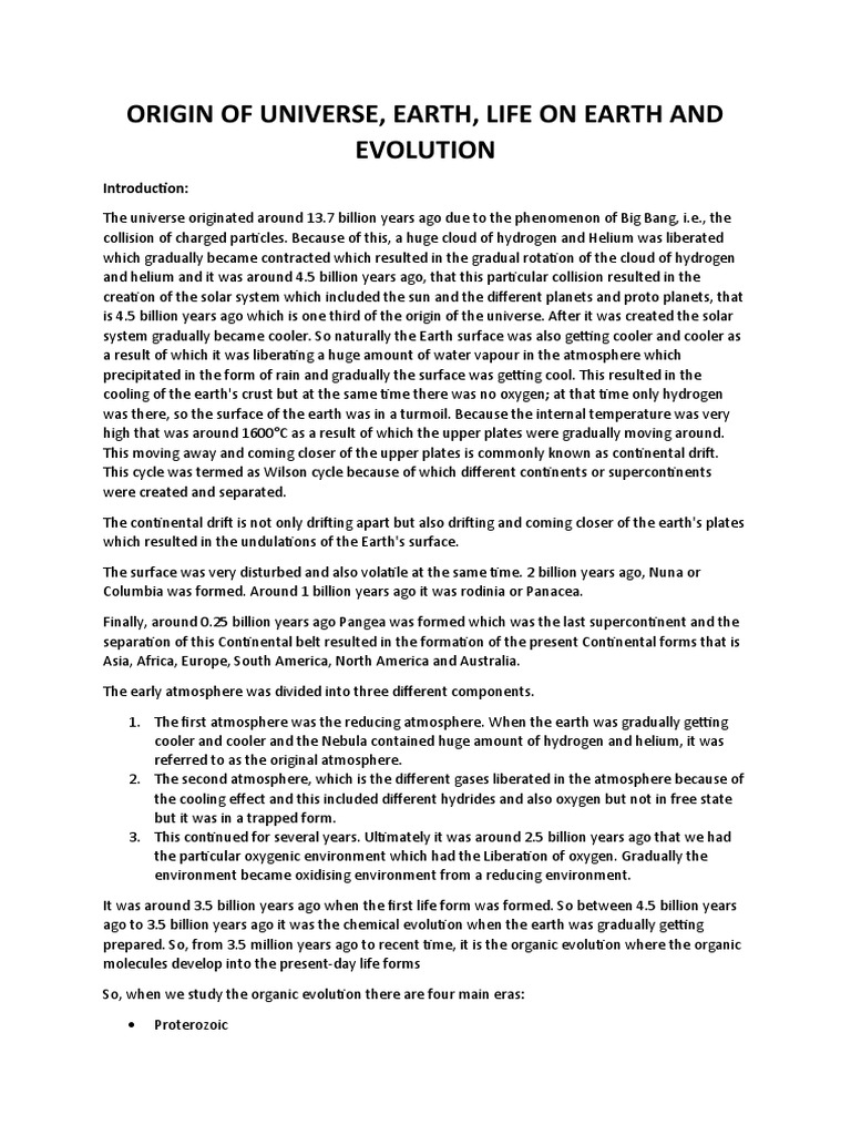 Origin of Universe, Earth, Life On Earth and Evolution | PDF | Abiogenesis | Life